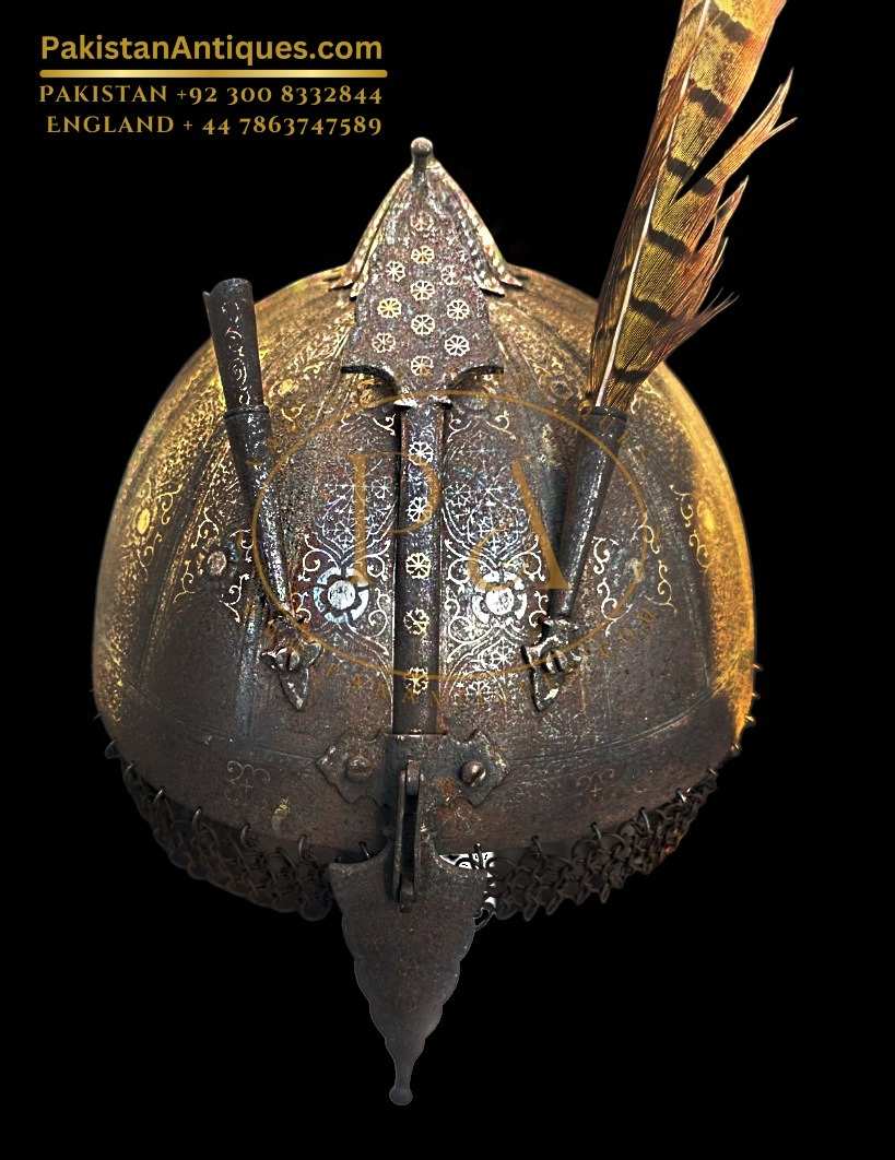 19th century Mughal eastern Kulah khud war helmet with gold & silver ...