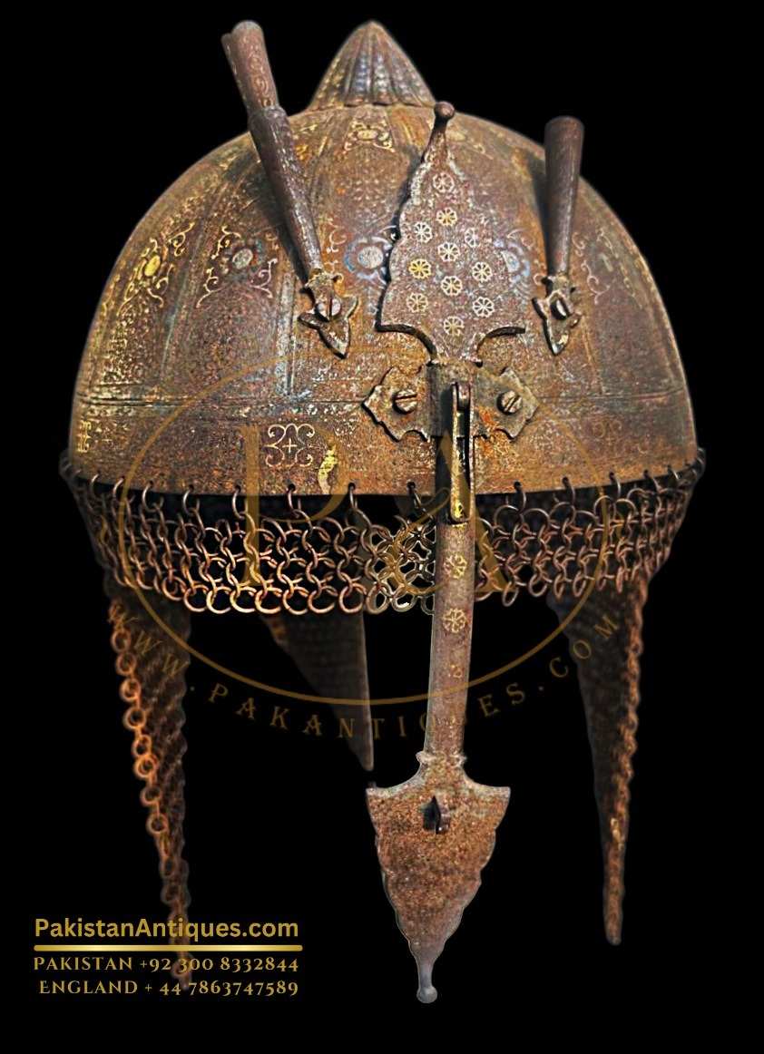 19th century Mughal eastern Kulah khud war helmet with gold & silver ...