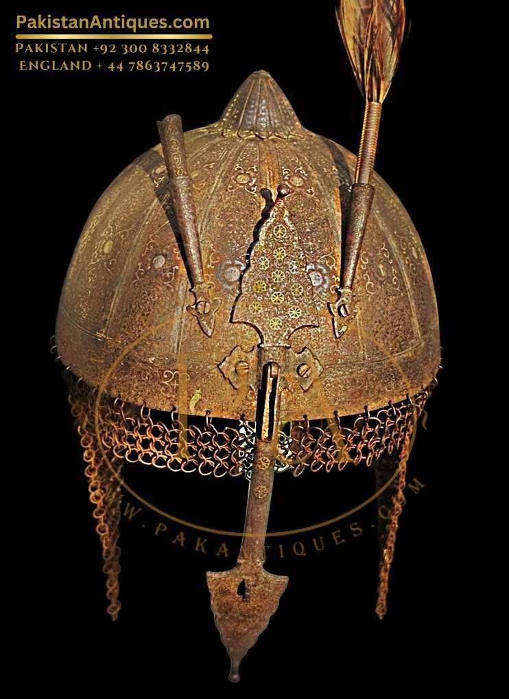 19th century Mughal eastern Kulah khud war helmet with gold & silver ...