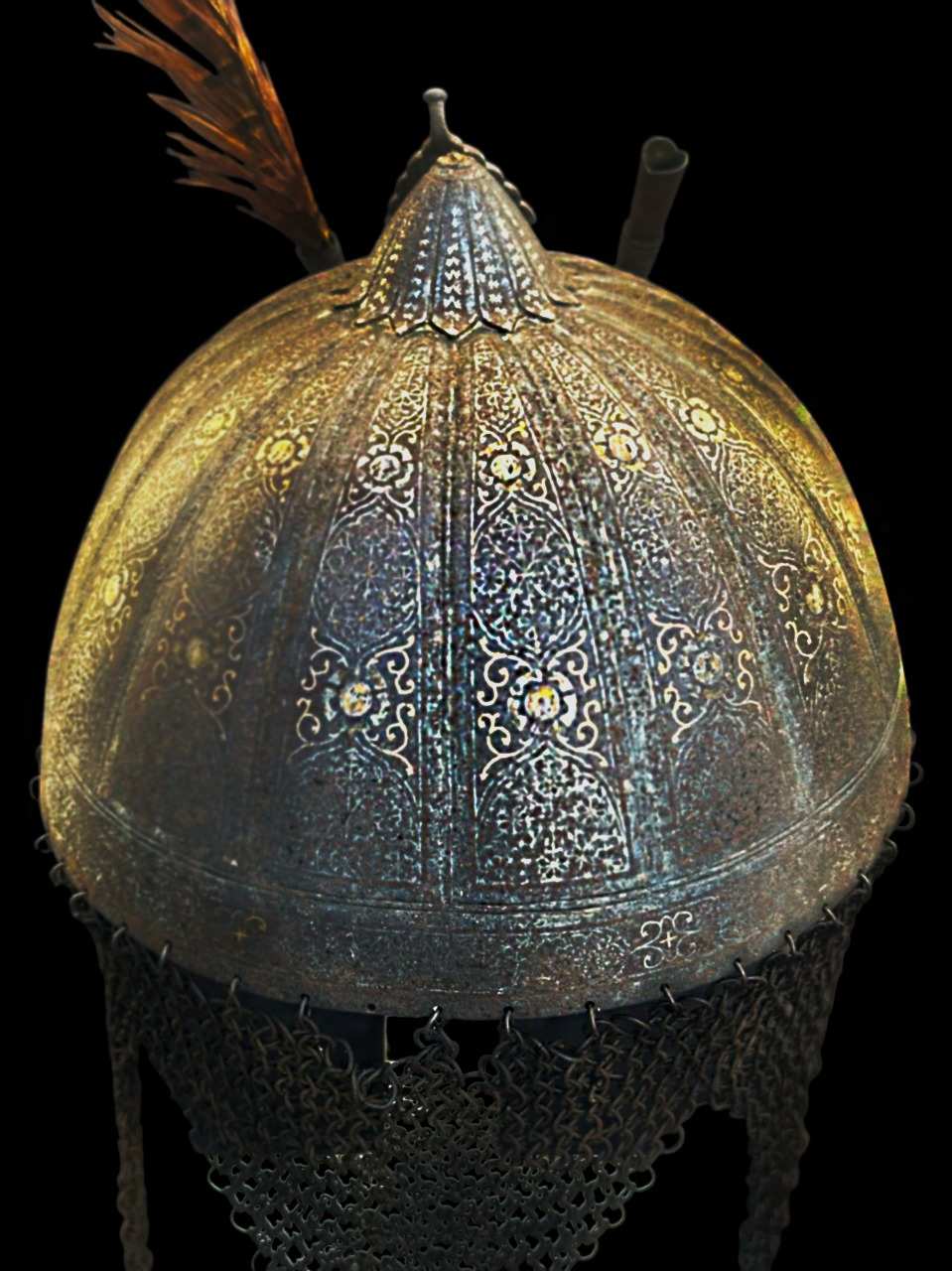 19th century Mughal eastern Kulah khud war helmet with gold & silver ...